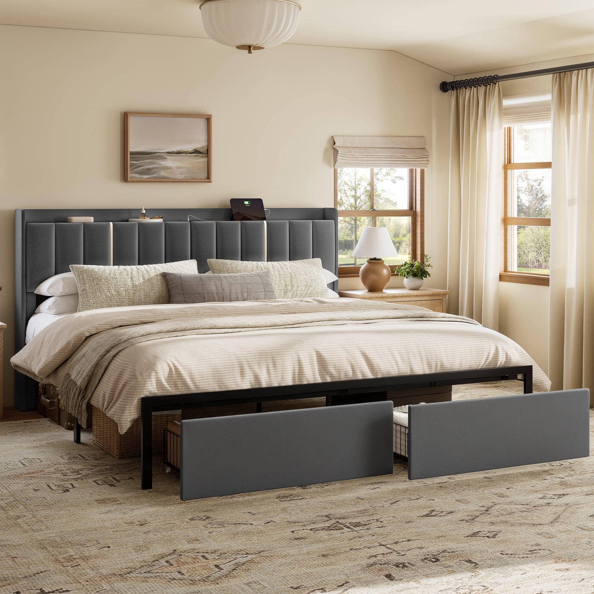 Click here for Gunaito King Bed Frame With Storage Headboard Upho... prices