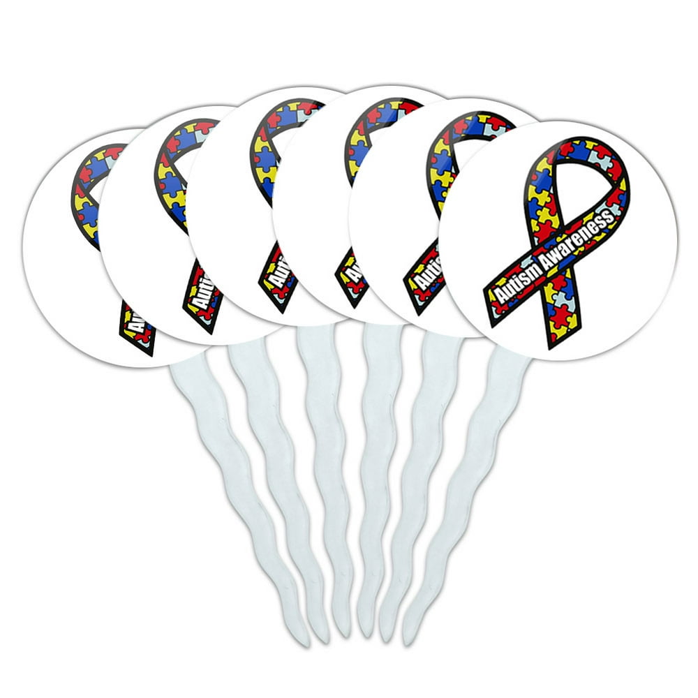 Autism Awareness Ribbon on White Cupcake Picks Toppers - Set of 6 ...