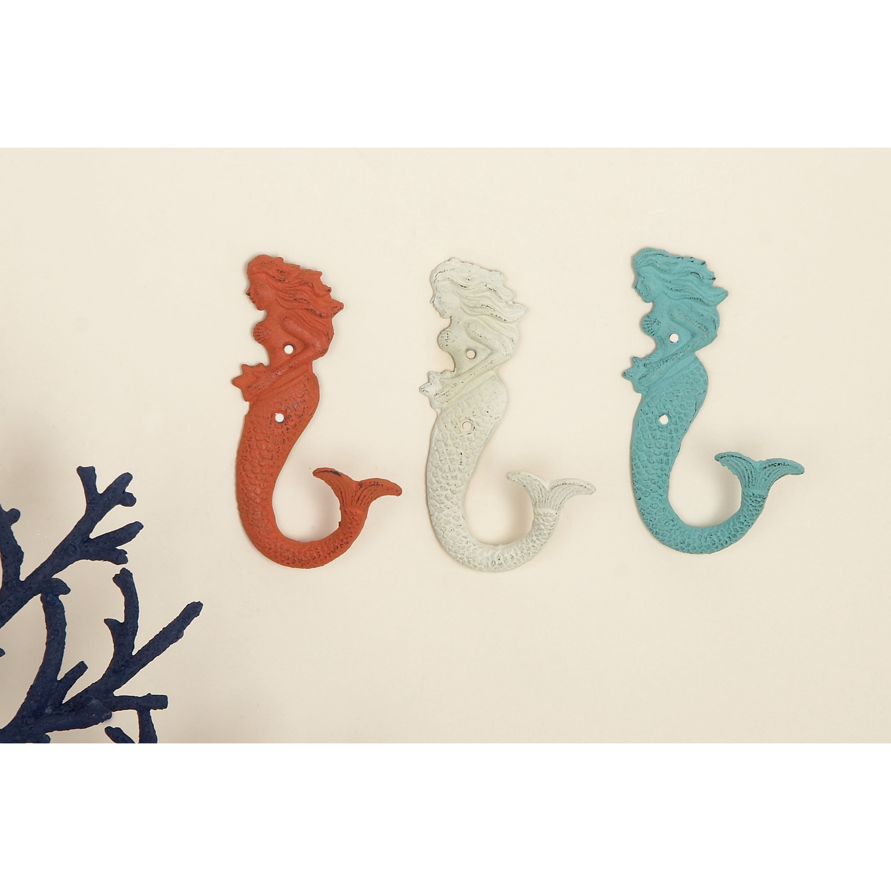 DecMode 4"W, 7"H Multi Colored Metal Mermaid Single Hanger Wall Hook, 3 ...