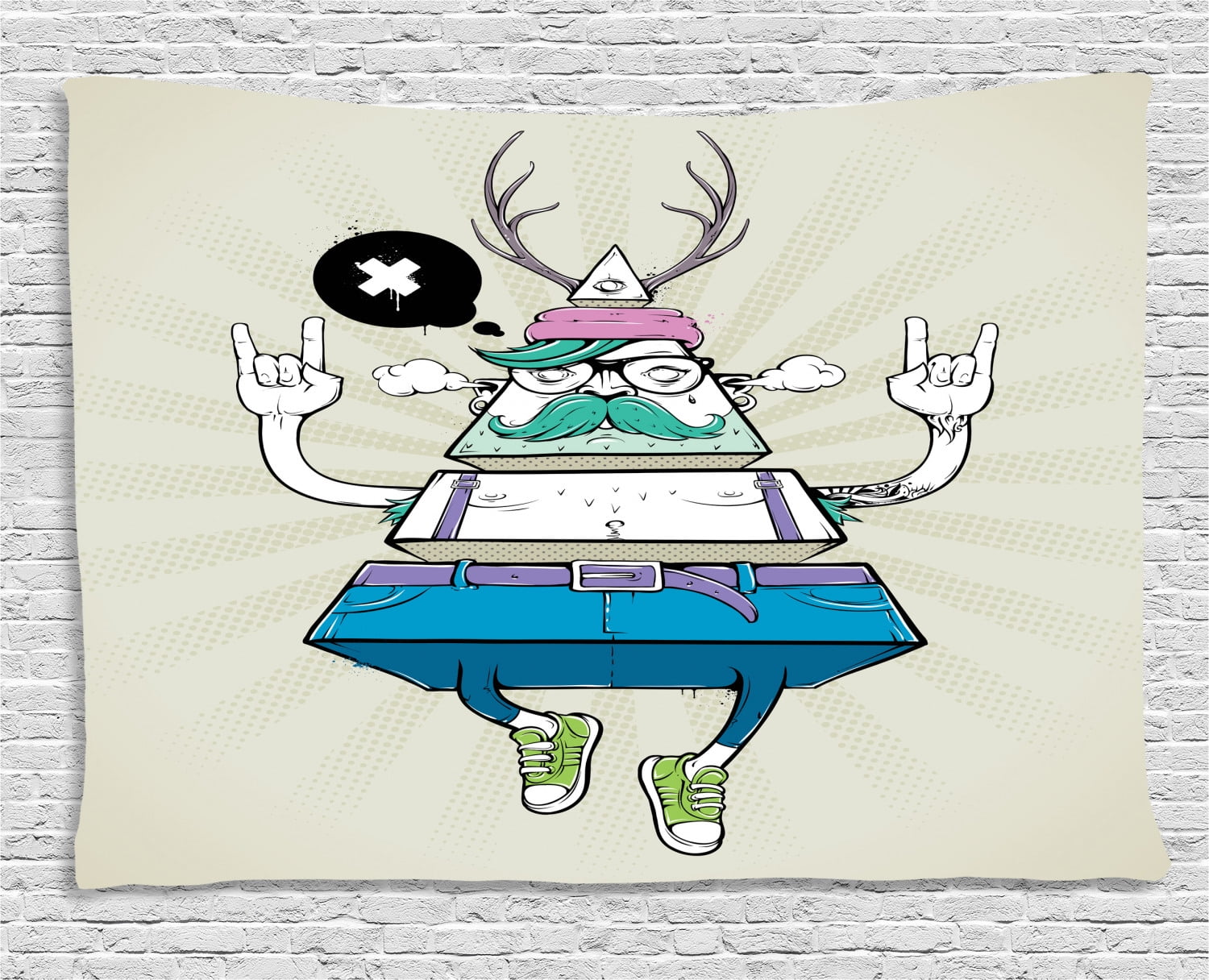 Hipster Tapestry, Triangle Shaped Bizarre Character Funky Dude with ...