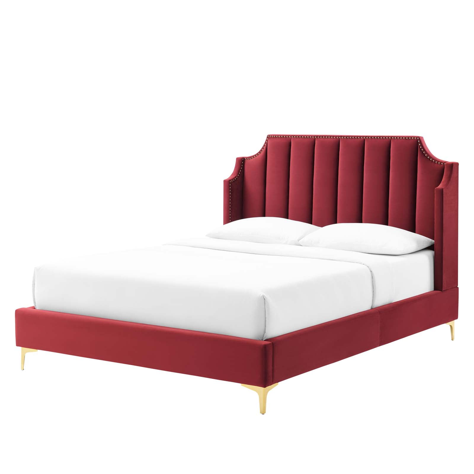 Platform Bed Frame, Queen Size, Velvet, Red, Modern Contemporary Urban ...
