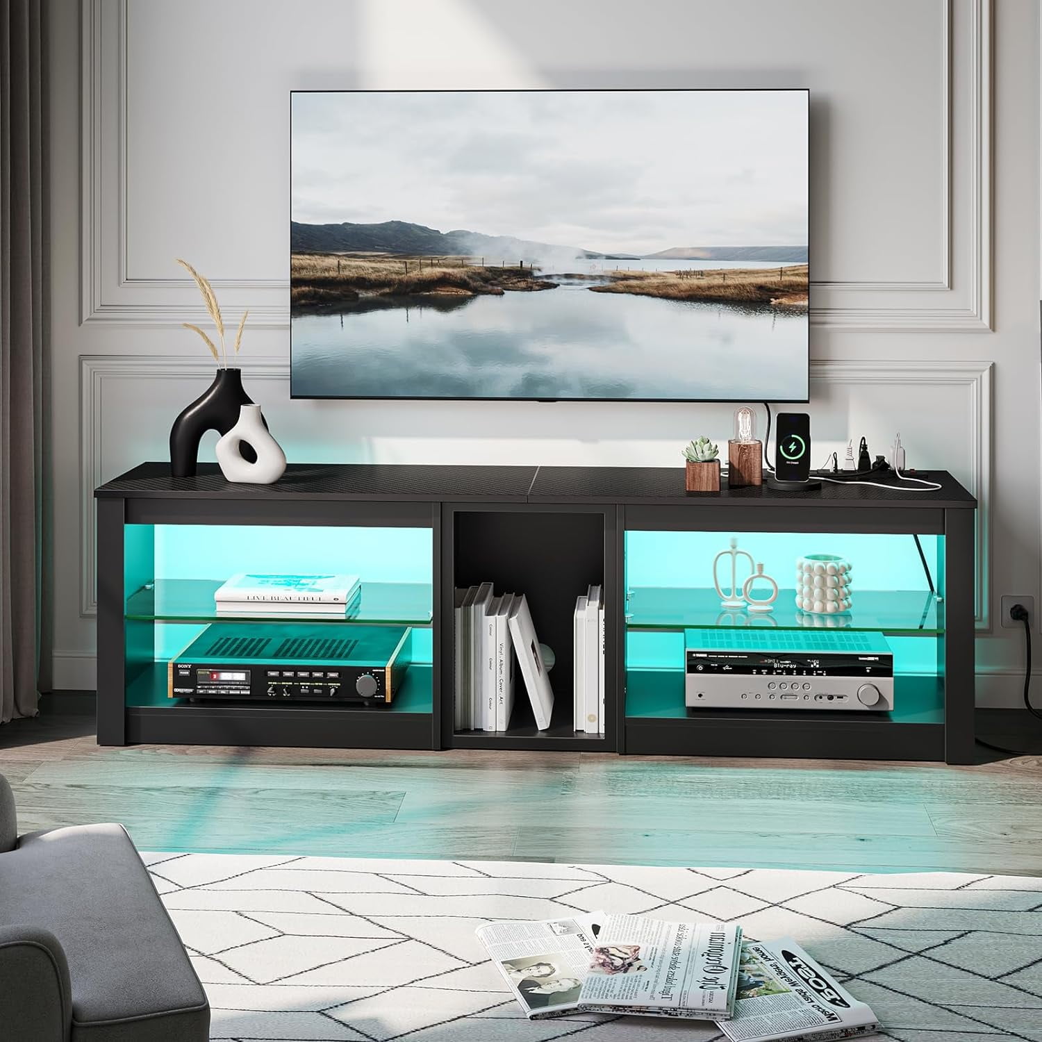 Bestier Carbon Fiber TV Stand for 70" w/Power Outlets, Entertainment ...