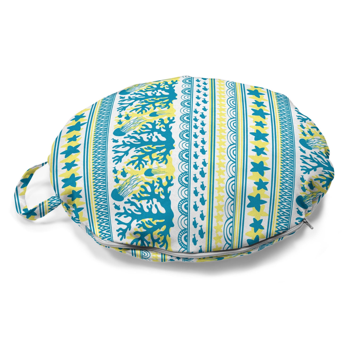 Aqua and Coral Round Floor Cushion with Handle, Rhythmic Horizontal ...