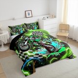 Racing Motorcycle Twin Comforter Set ,Green Neon Lights Honeycomb Bedding Set Dirt Bike ...