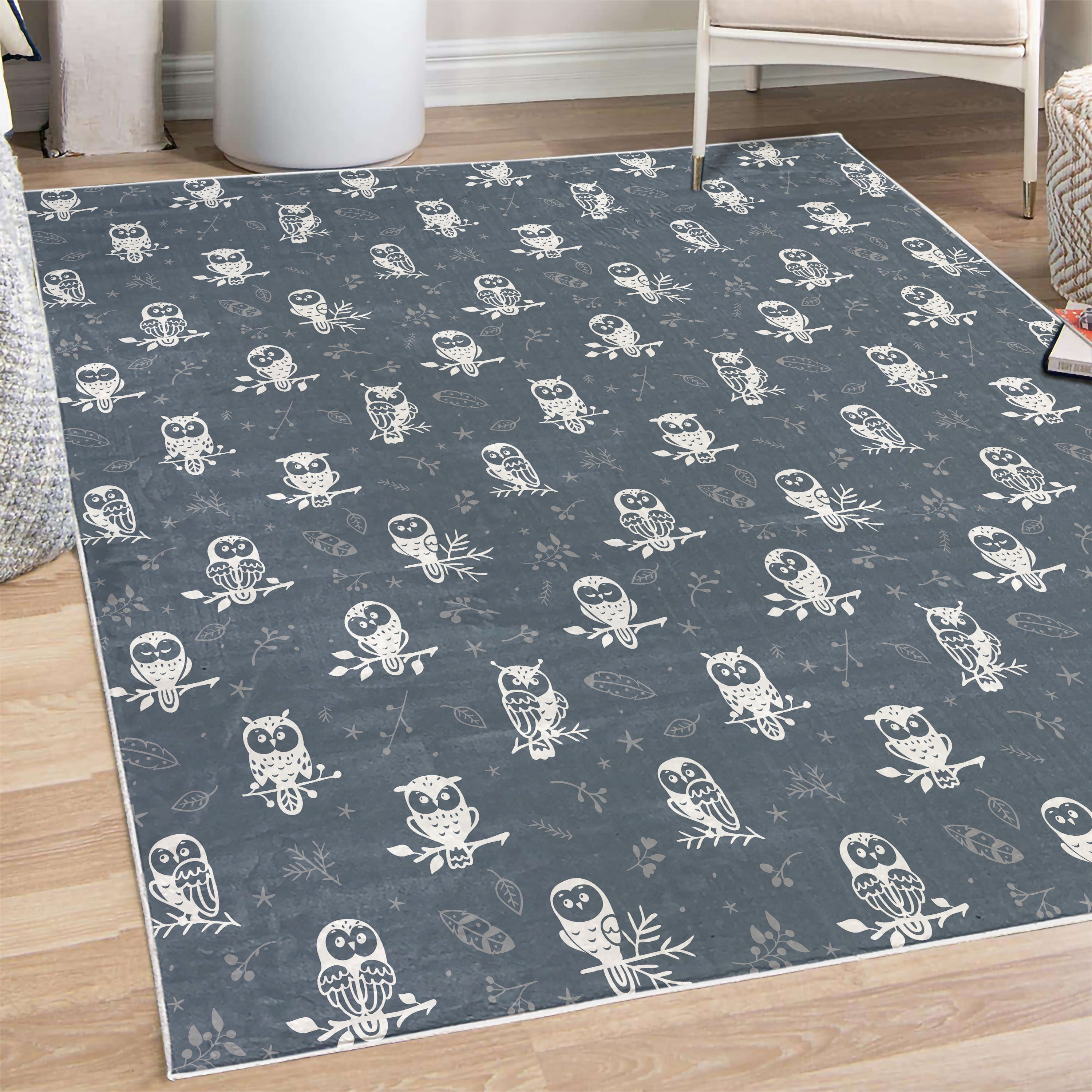 Owl Decorative Rug, Cartoon Style Illustration of Birds on the Branches ...