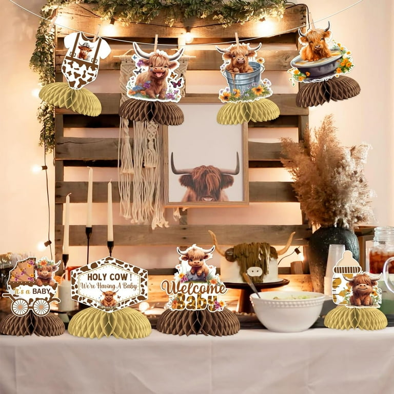 8 Pieces Highland Cow Baby Shower Honeycomb Centerpieces Holy Cow We re Having a Baby Table Toppers Western Farm Highland Cattle Baby Shower Party