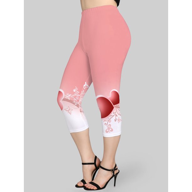 Rosegal Womens Plus Size High Waist Floral Heart Print Capri Skinny