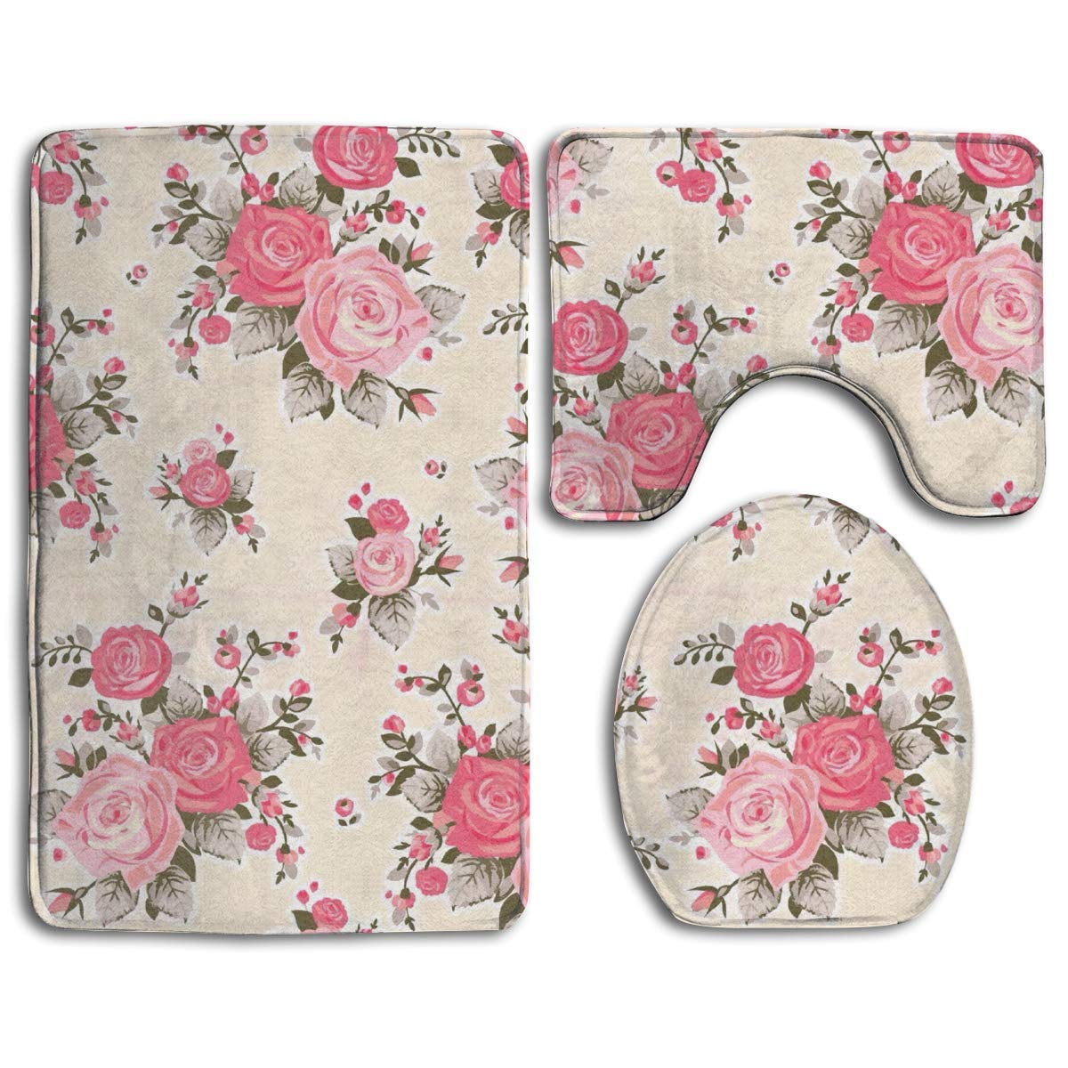 GOHAO Vintage Floral Rose Green Leaves 3 Piece Bathroom Rugs Set Bath ...