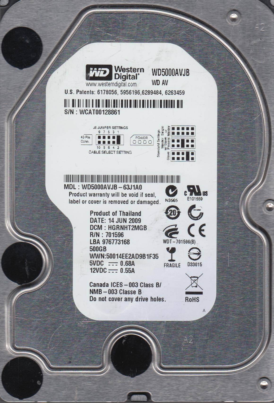 WD5000AVJB-63J1A0, DCM HGRNHT2MGB, Western Digital 500GB IDE 3.5 Hard ...