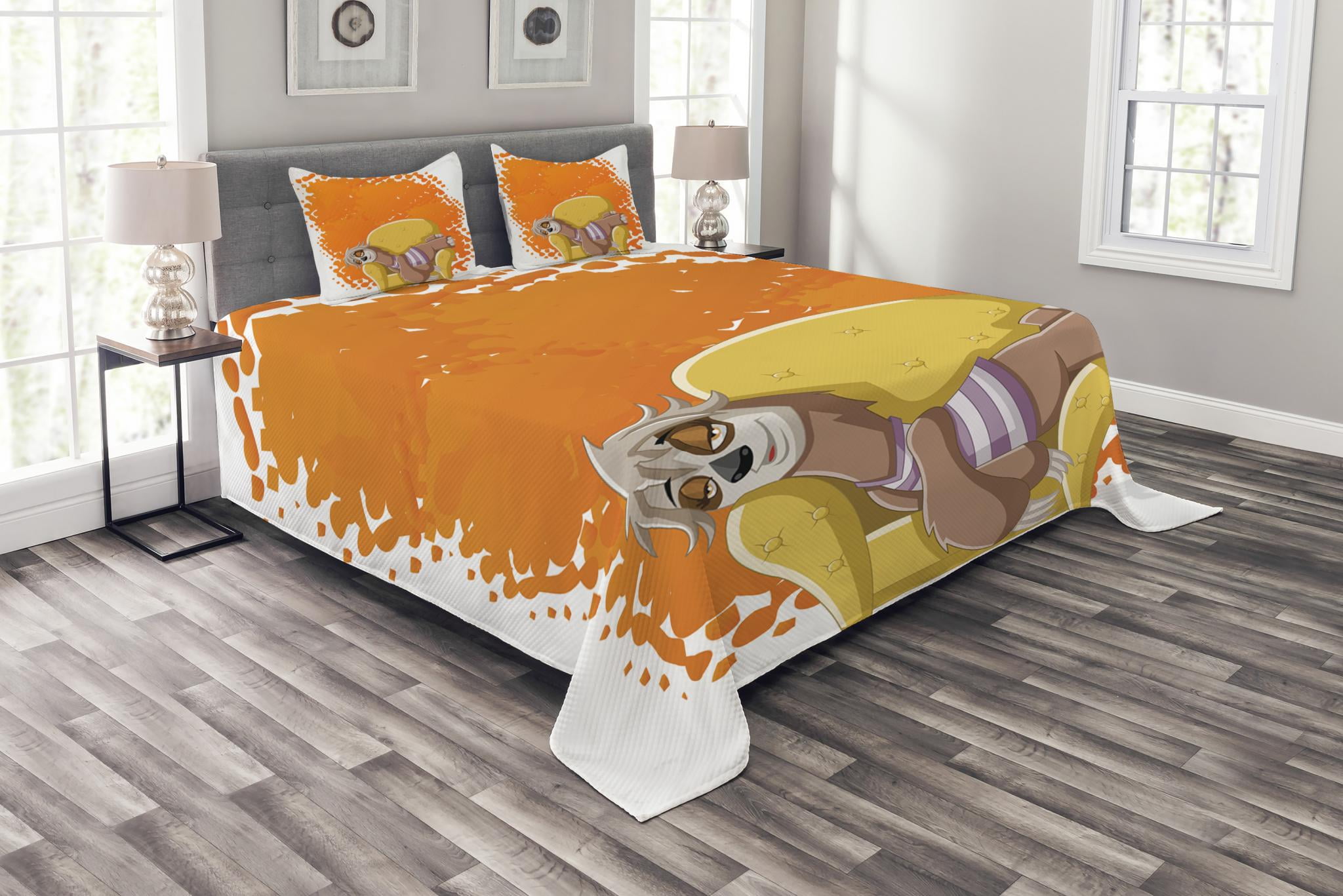 Sloth Bedspread Set King Size, Lazy Female Cartoon Sloth on Sofa ...