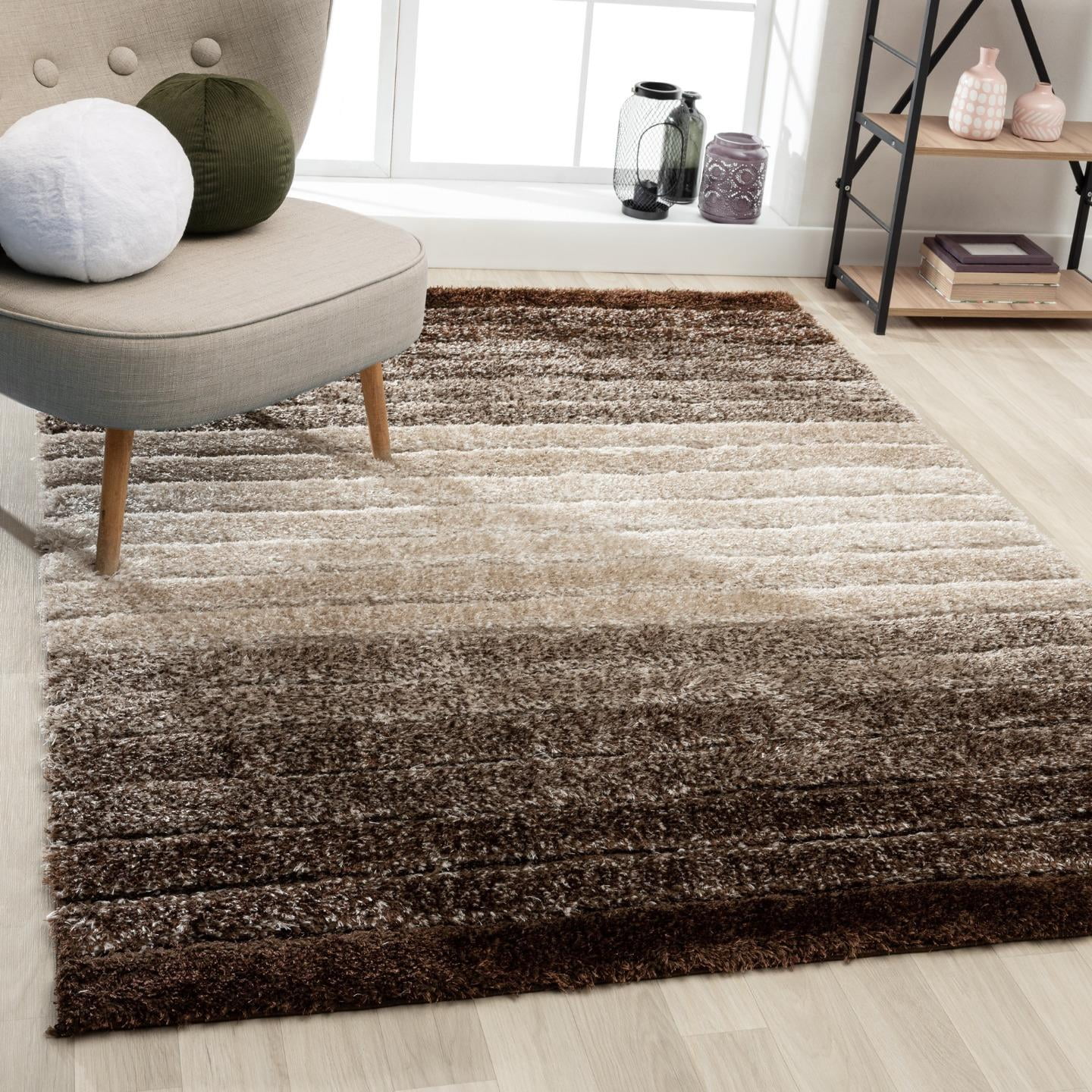Luxe Weavers Geometric Brown 5x7 Shag Area Rug Plush Striped Bedroom ...