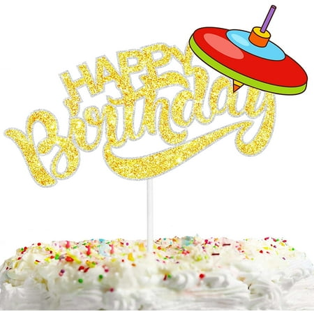 Happy Birthday Cake Topper Spinning Top Gold Red Glitter Baby Shower ...
