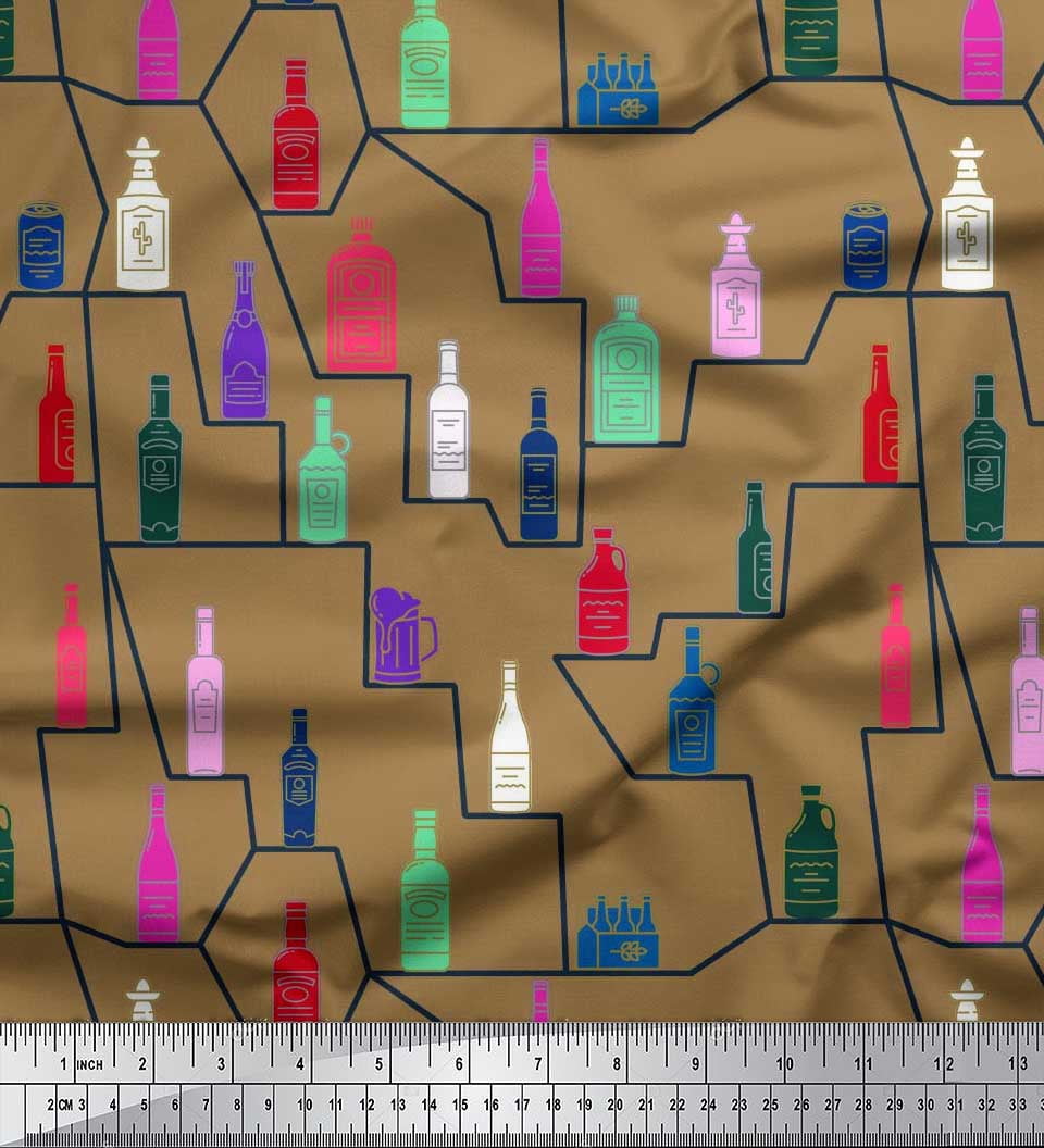 Soimoi Satin Silk Fabric Beer Cane,Glass & Bottle Bar Print Fabric by ...
