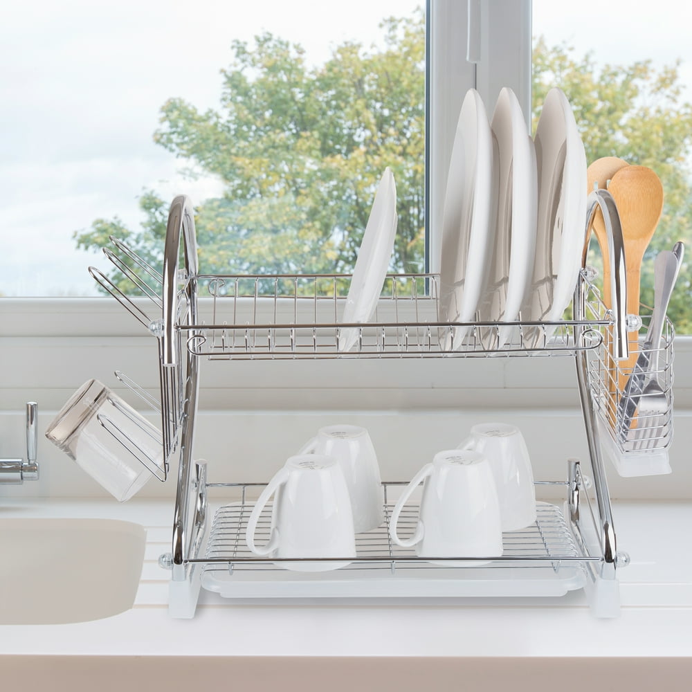 Chrome Dish Drying Rack  2 Tiered With Cup And Utensil Holders By
