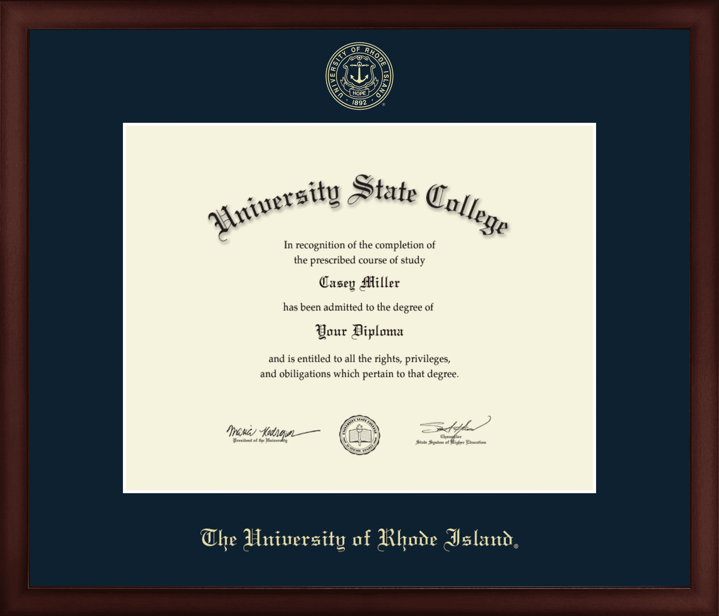 The University of Rhode Island Diploma Frame, Document Size 14" x 11 ...