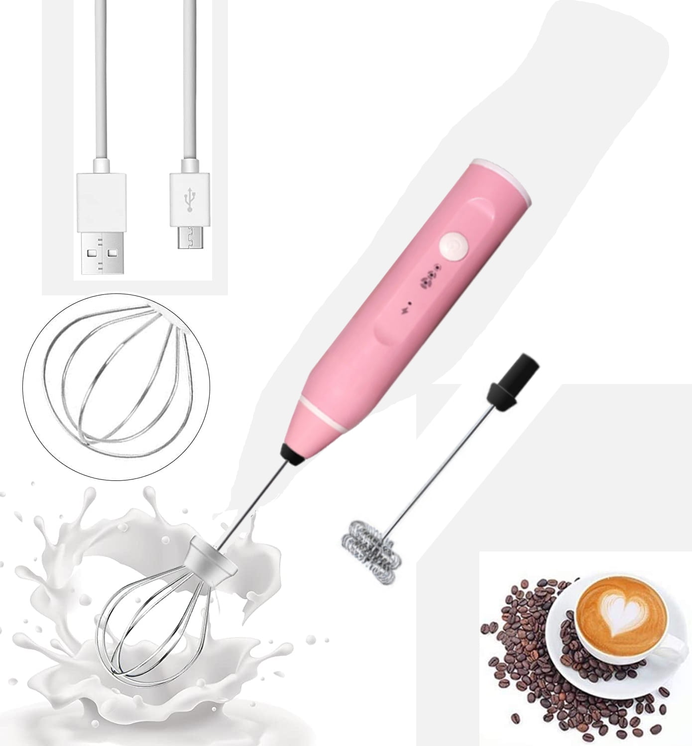 Electric Milk Frother Handheld with 2 Heads, Coffee Whisk Foam Mixer ...