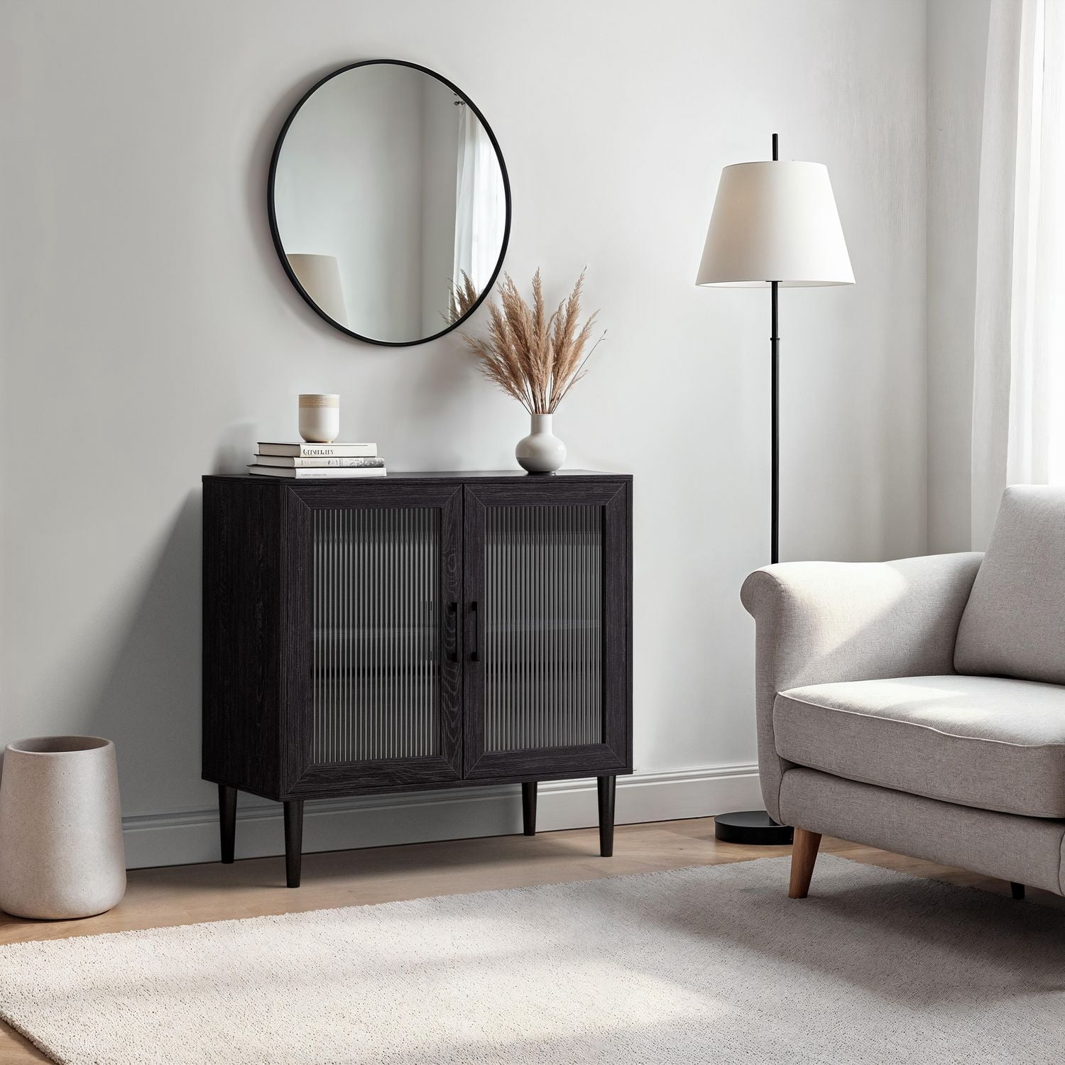 Corliving Ethan Engineered Wood Compact Sideboard With 2 Glass Fluted Doors And 2 Shelves  Dark Grey