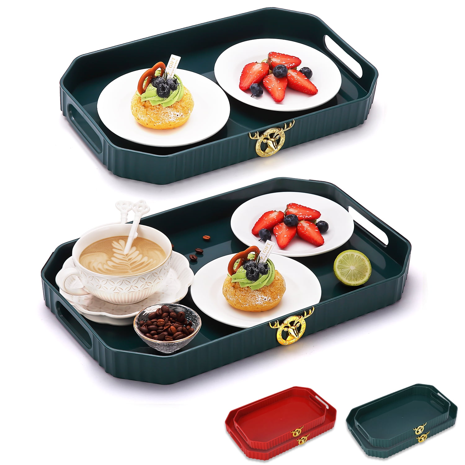ReaNea Serving Tray with Handles Set of 2 Plastic Stackable Food Trays ...