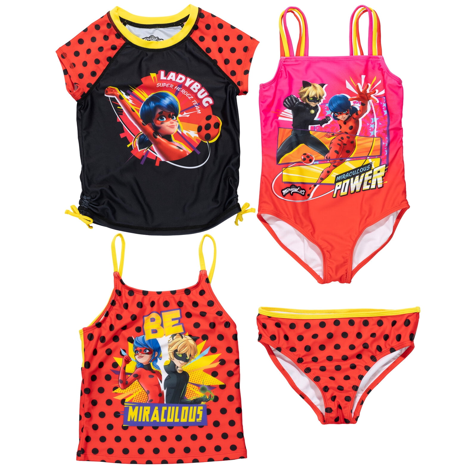 Miraculous Cat Noir Ladybug Little Girls 4 Piece Swimsuit Set 7-8 ...