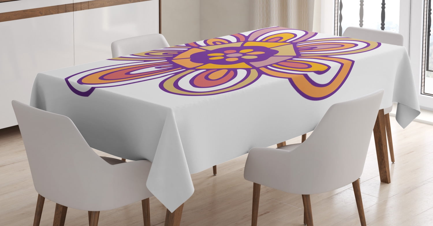 Abstract Tablecloth, Cartoon Style Doodled Seven Petal Lonely Cute ...