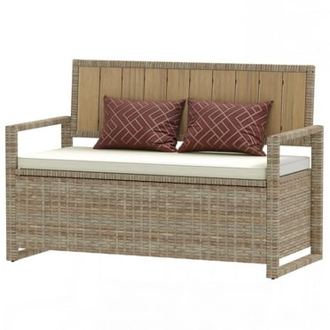 SOLAURA 90 Gallon Patio Wicker Storage Bench w/Cushion, Outdoor Rattan ...