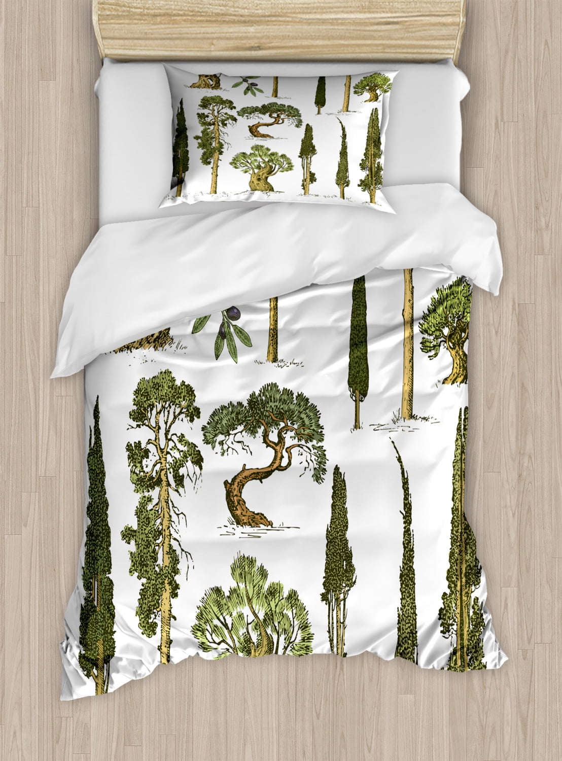 Tree Duvet Cover Set Twin Size, Hand Drawn Trees Pine Olive Cypress and ...