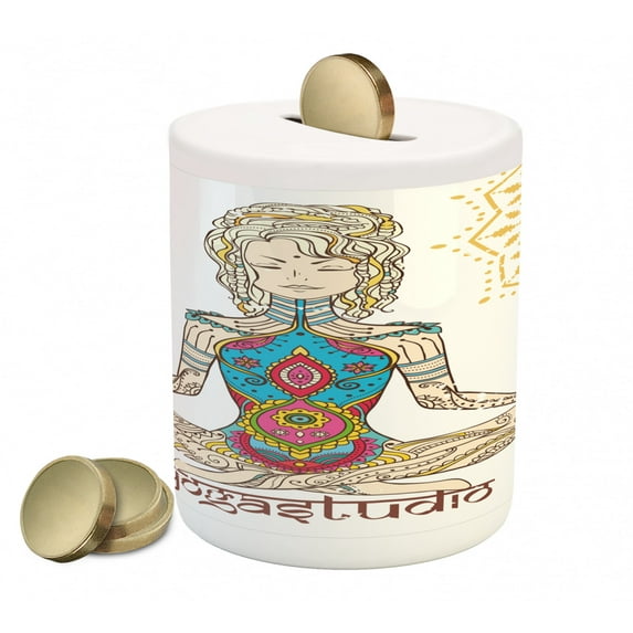 Colorful Piggy Bank, Girl in Yoga Position with on Her Body Physical ...