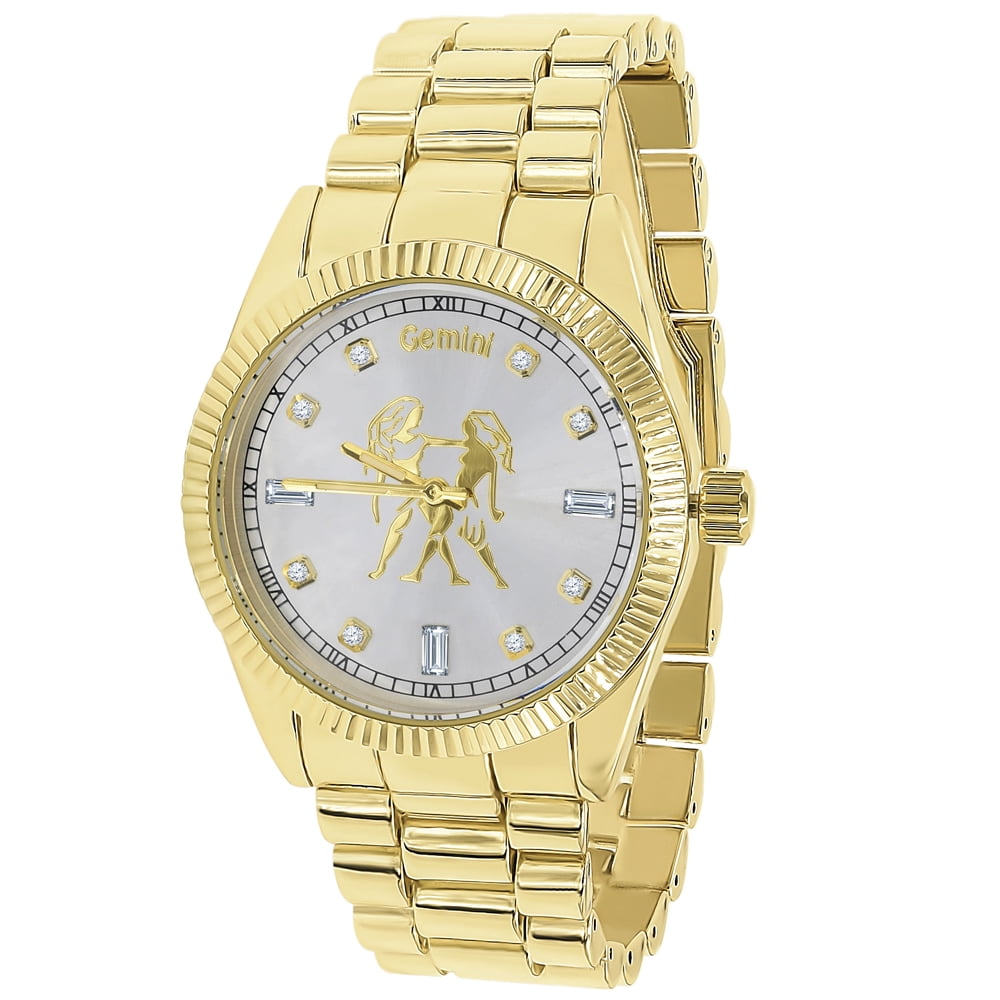 Mens 18K Gold Finish Gemini Twins Zodiac Sign Astrology Metal Band ...