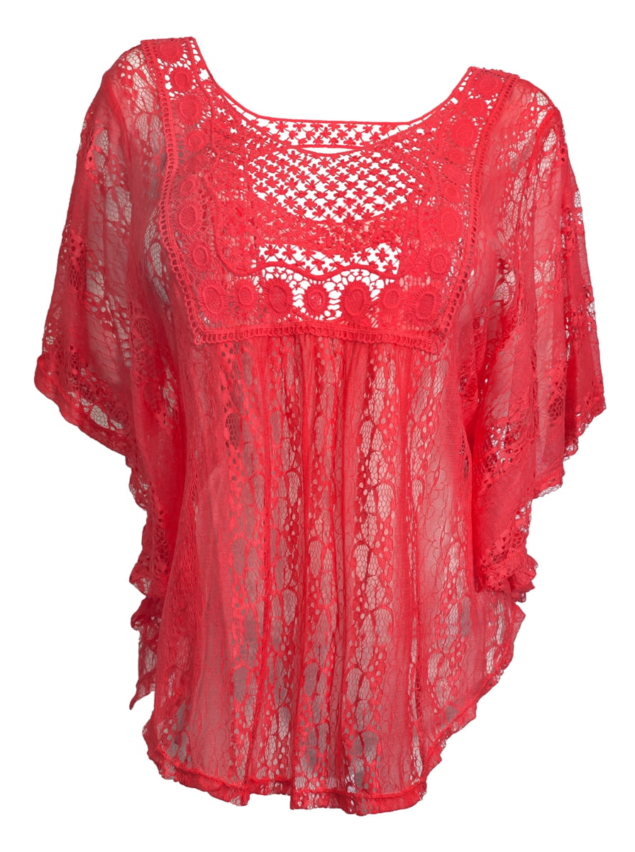 Evogues Plus Size Sheer Crochet Lace Poncho Top Orange