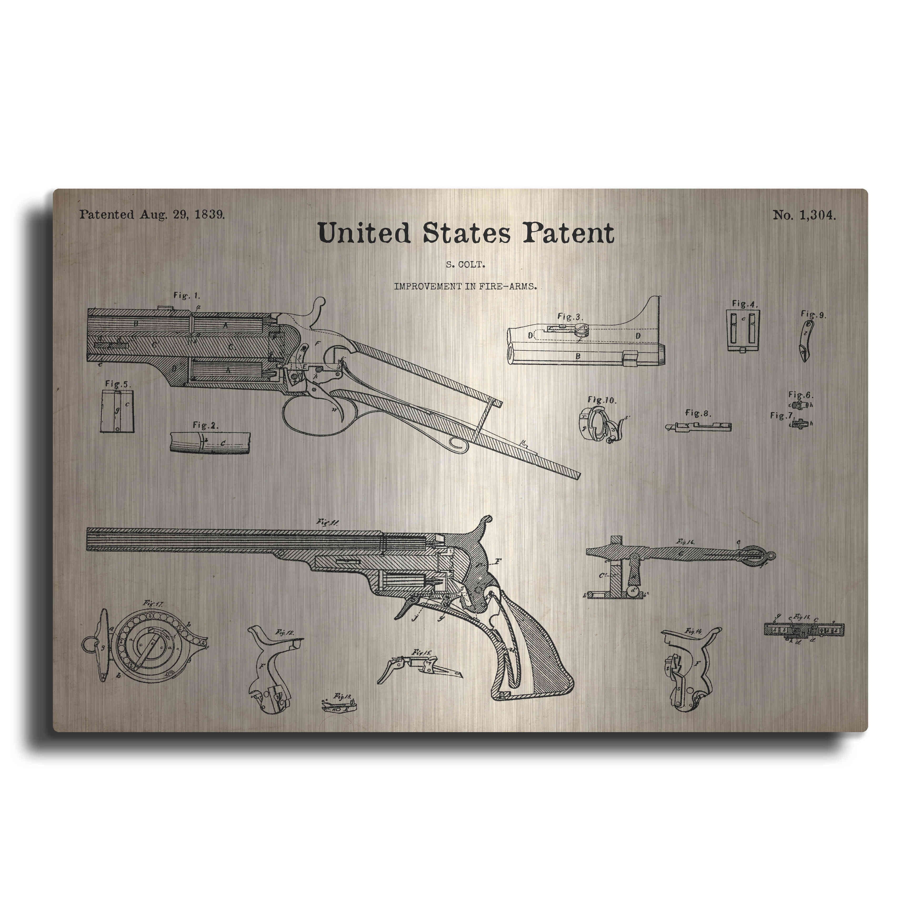 Luxe Metal Art 'Colt Revolver Blueprint Patent Parchment,' Metal Wall ...