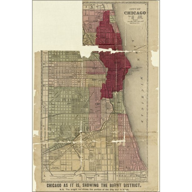 24"x36" Gallery Poster, map of Chicago showing burnt district 1871 ...