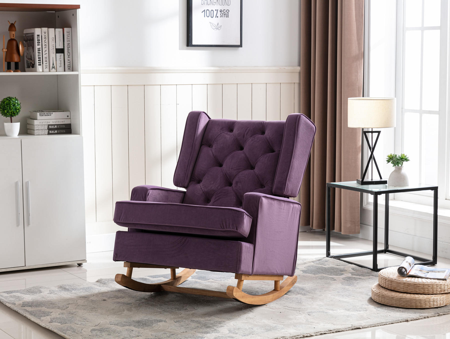 Accent Rocking Chair with Side Pocket, Tufted Upholstered Wingback ...