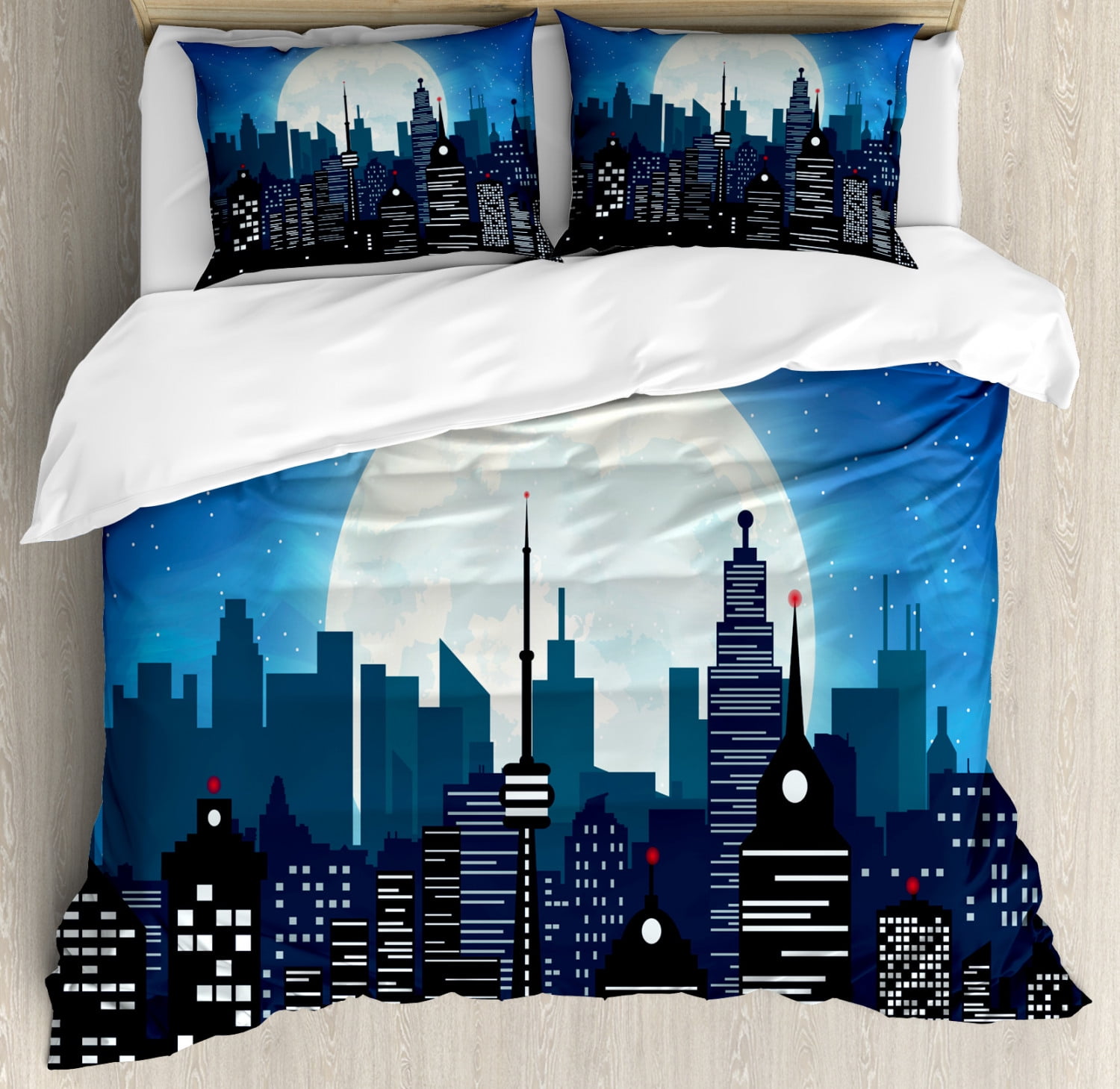City Duvet Cover Set King Size, Silhouette Cityscape Under Night Sky ...