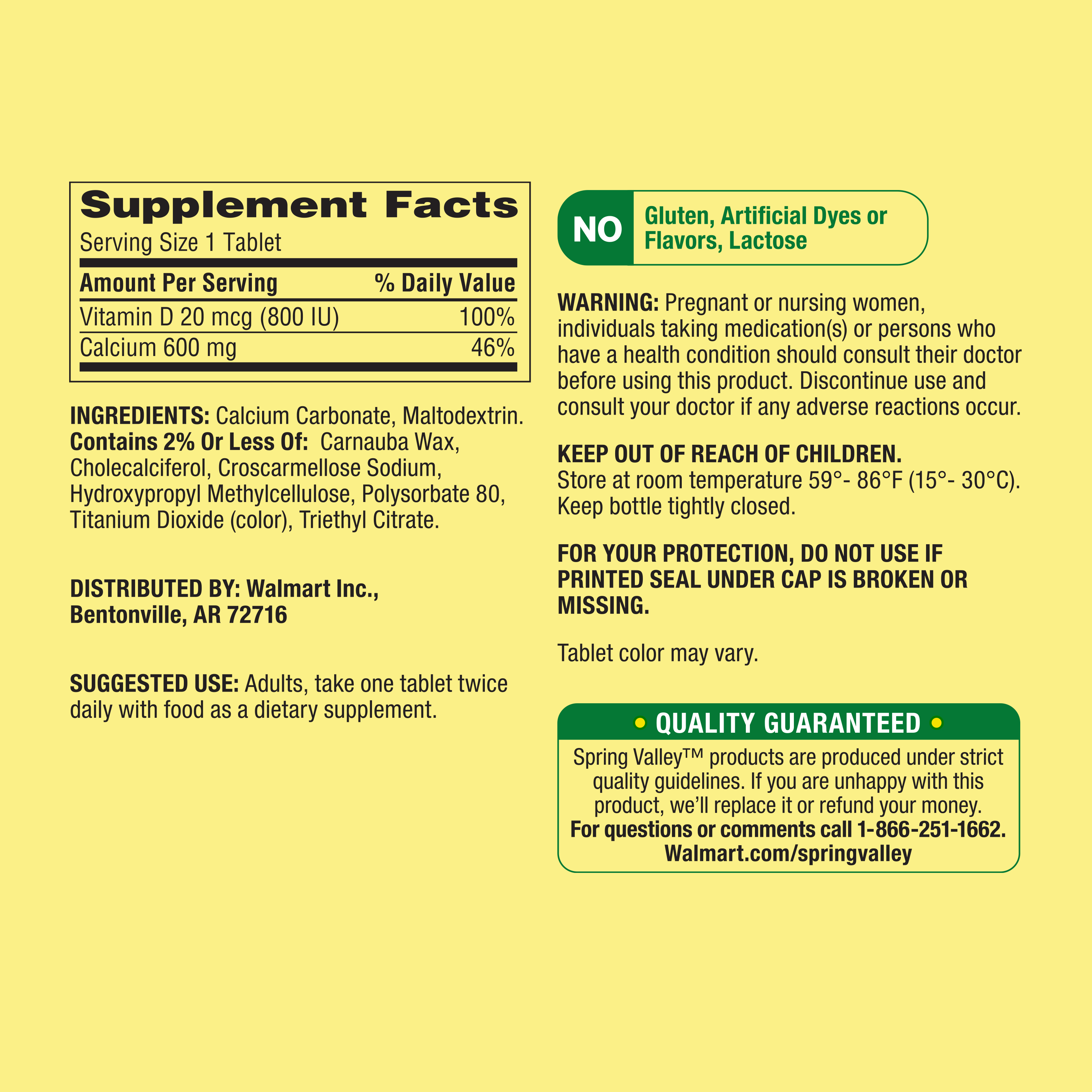 Spring Valley Calcium Plus Vitamin D, 600 mg Tablets, 500 Count ...