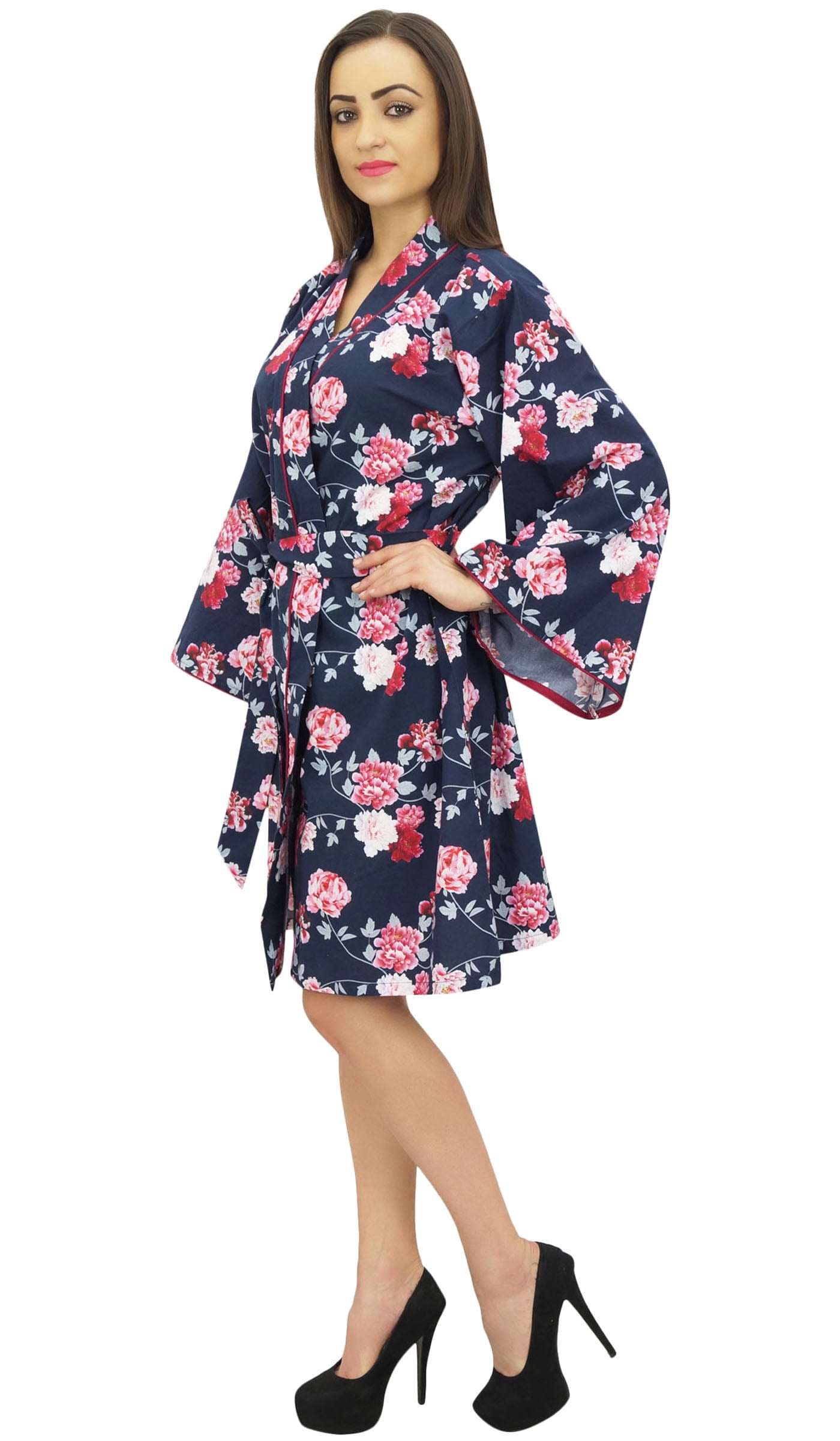 Bimba Women's Floral Printed Cotton Poplin Kimono Coverup Robe With ...
