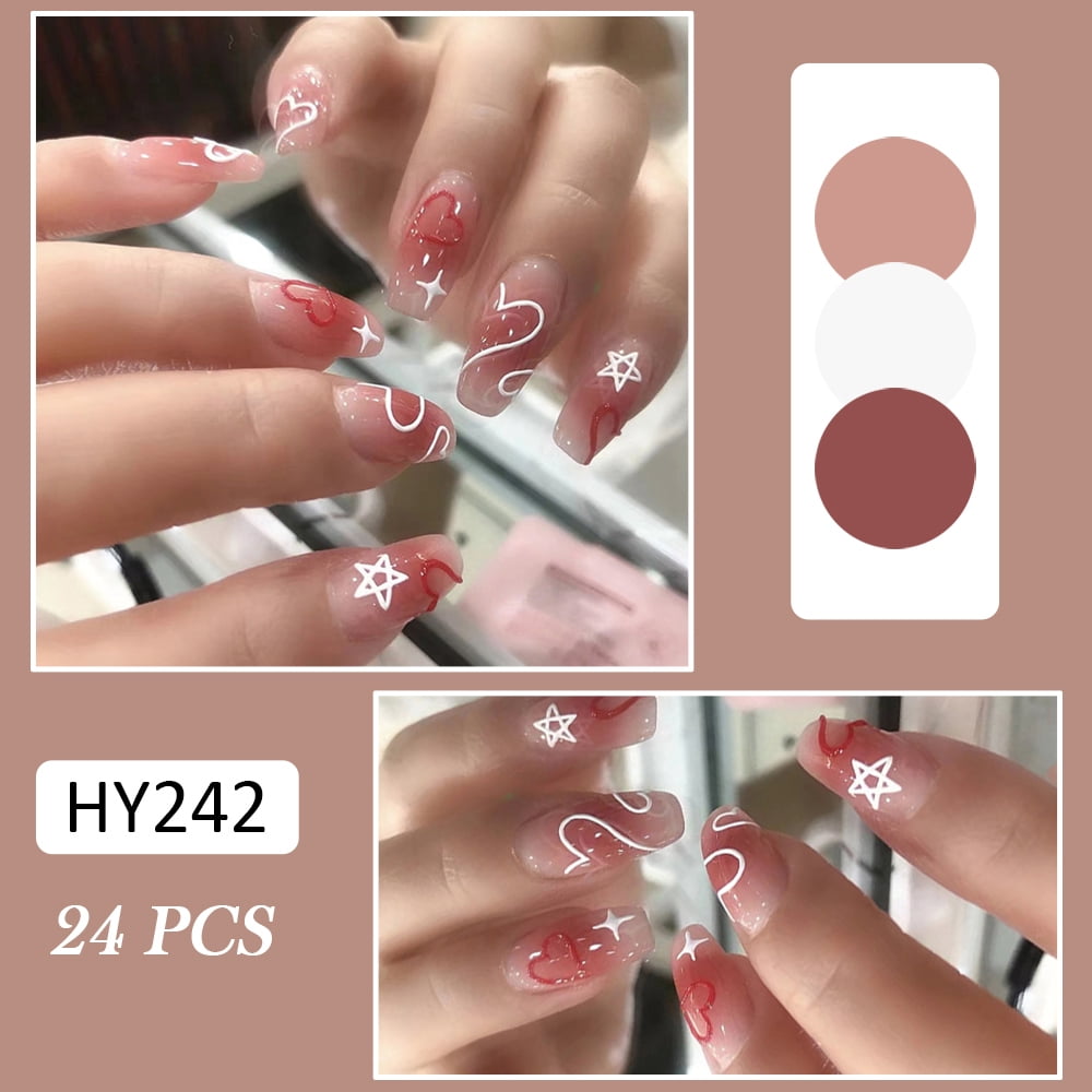24 Pcs Fake Nail Pentagram Heart Line Pattern Nail Removable Design For ...