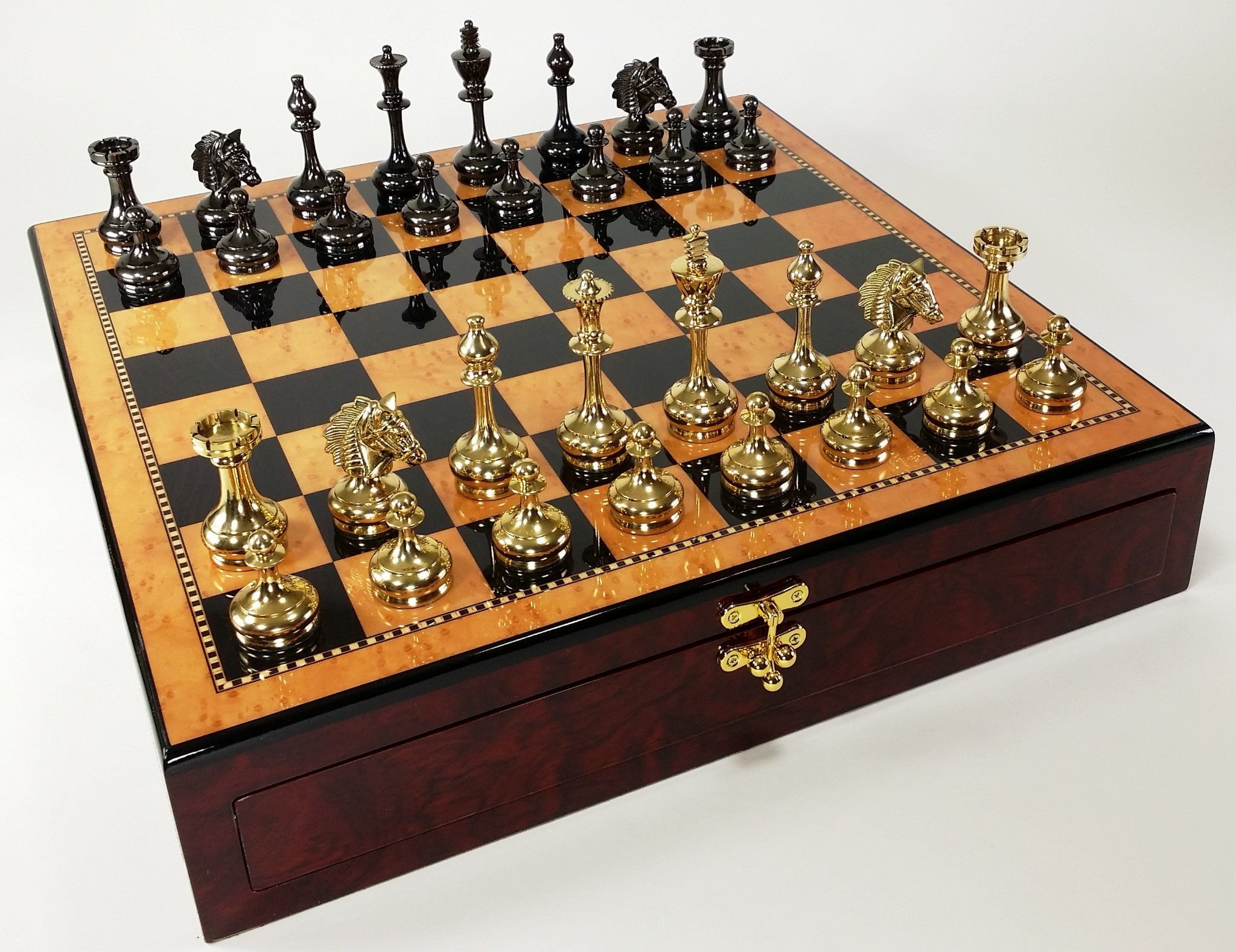 Brass Black Gold Staunton Bridled Knight Chess Set W/ Walnut Color ...