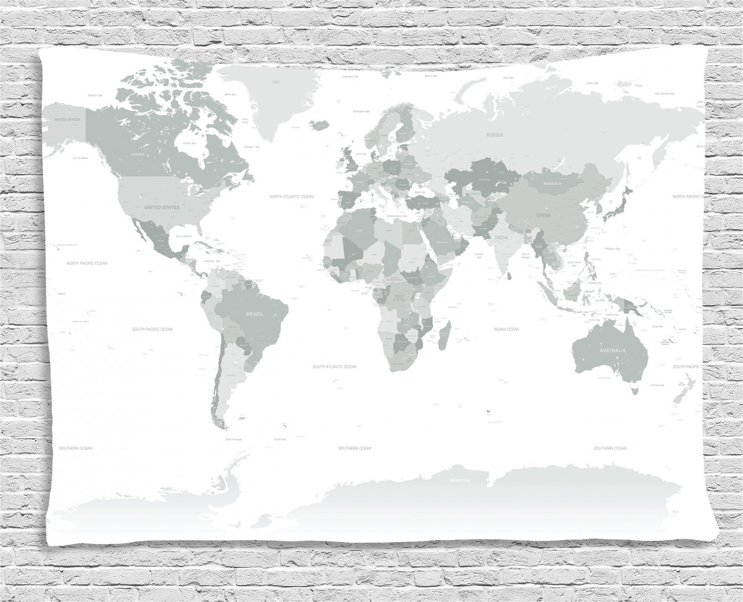 Grey Decor Tapestry, Detailed World Map with All Countries Major ...