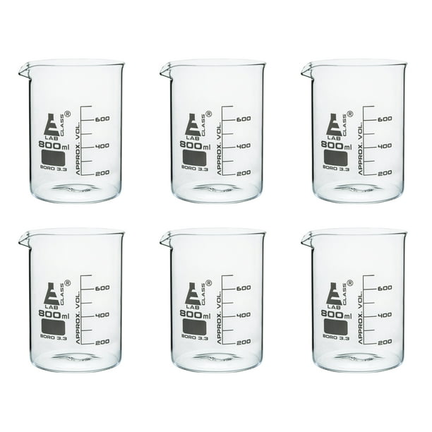 6PK Beakers, 800ml - Griffin Style, Low Form with Spout - White, 100ml Graduations ...