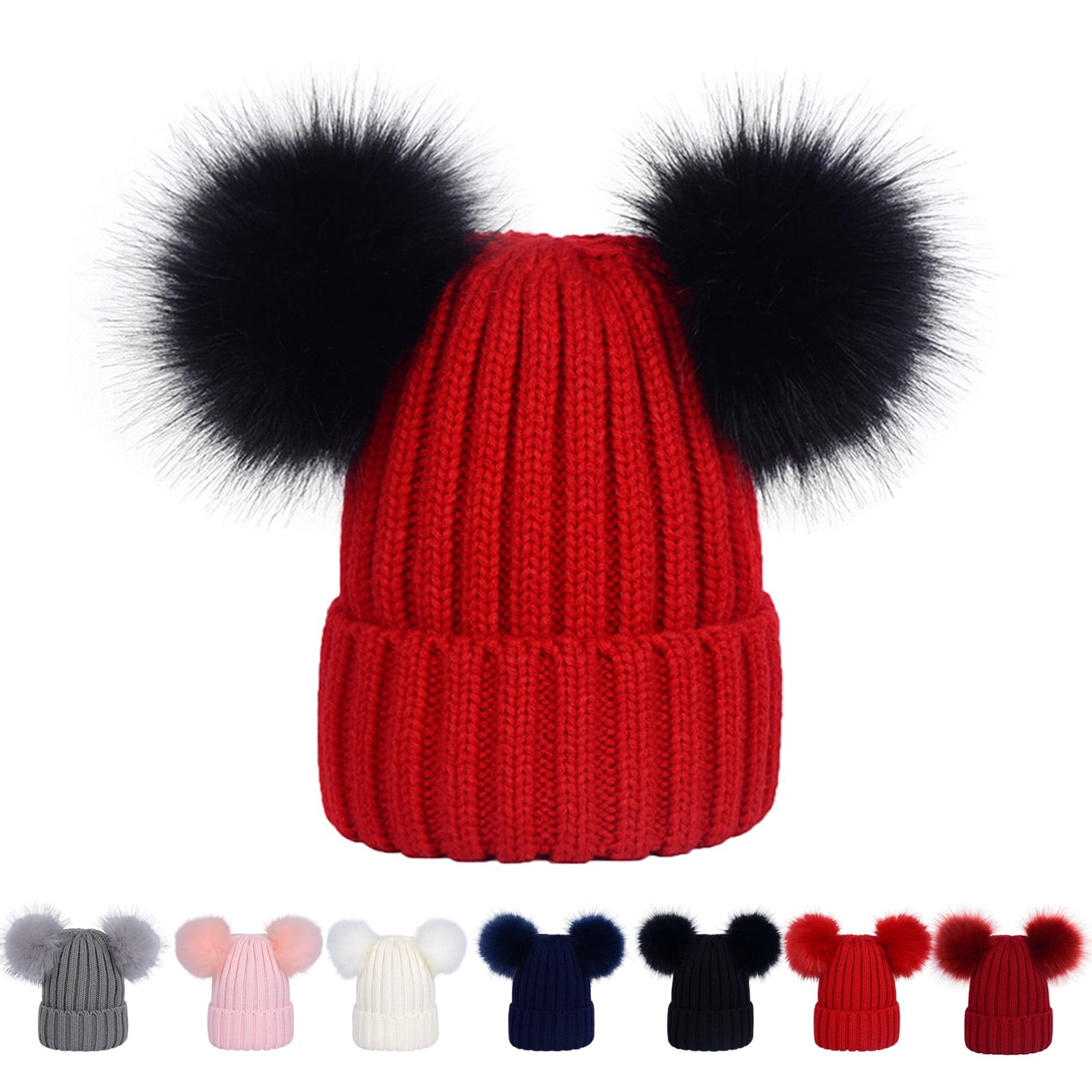 Dengjunhu Womens Winter Double Pom Pom Beanie Hats Fluffy Pompoms Cute ...