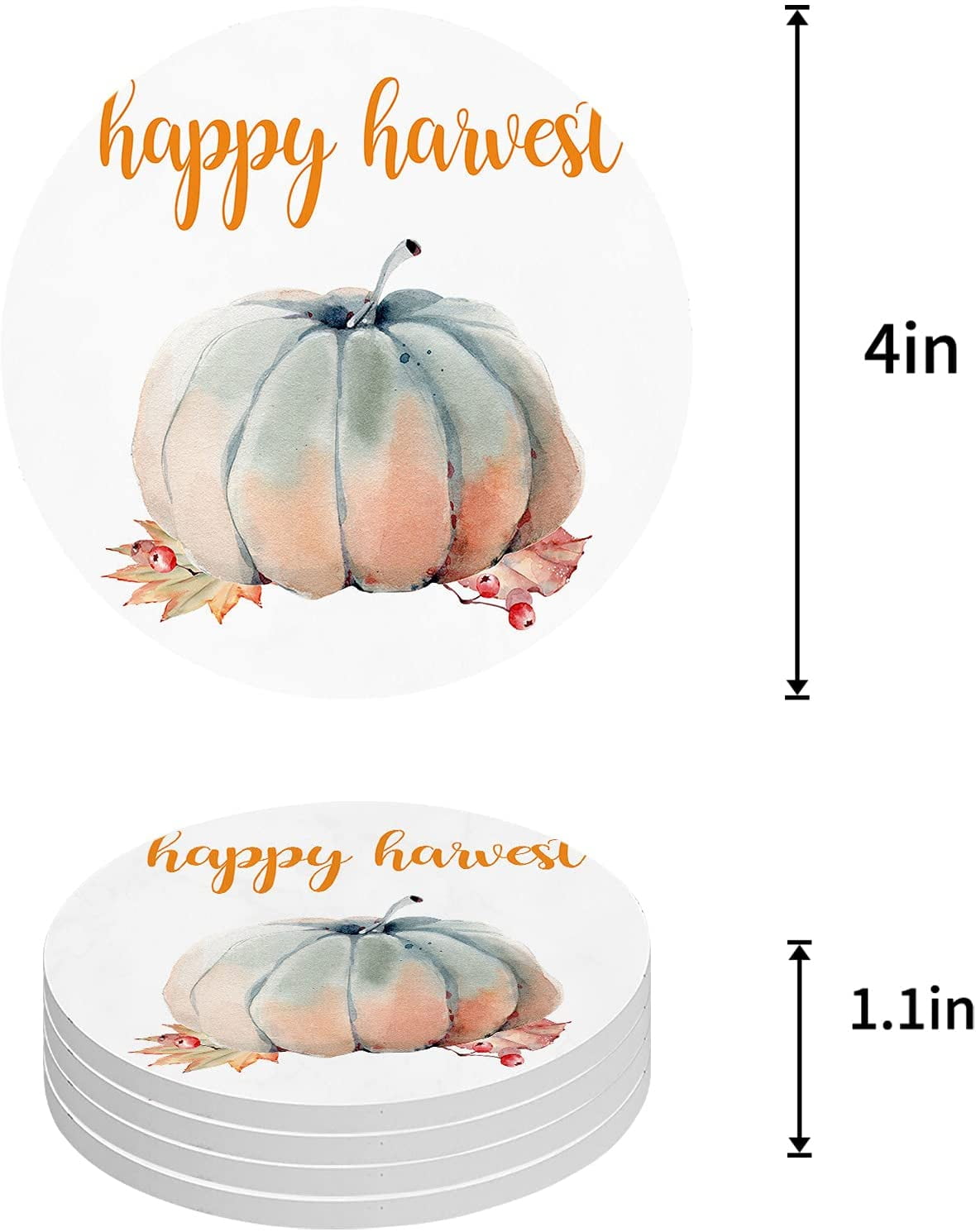 FMSHPON Happy Harvest Watercolor Pumpkins Set of 4 Round Coaster for ...
