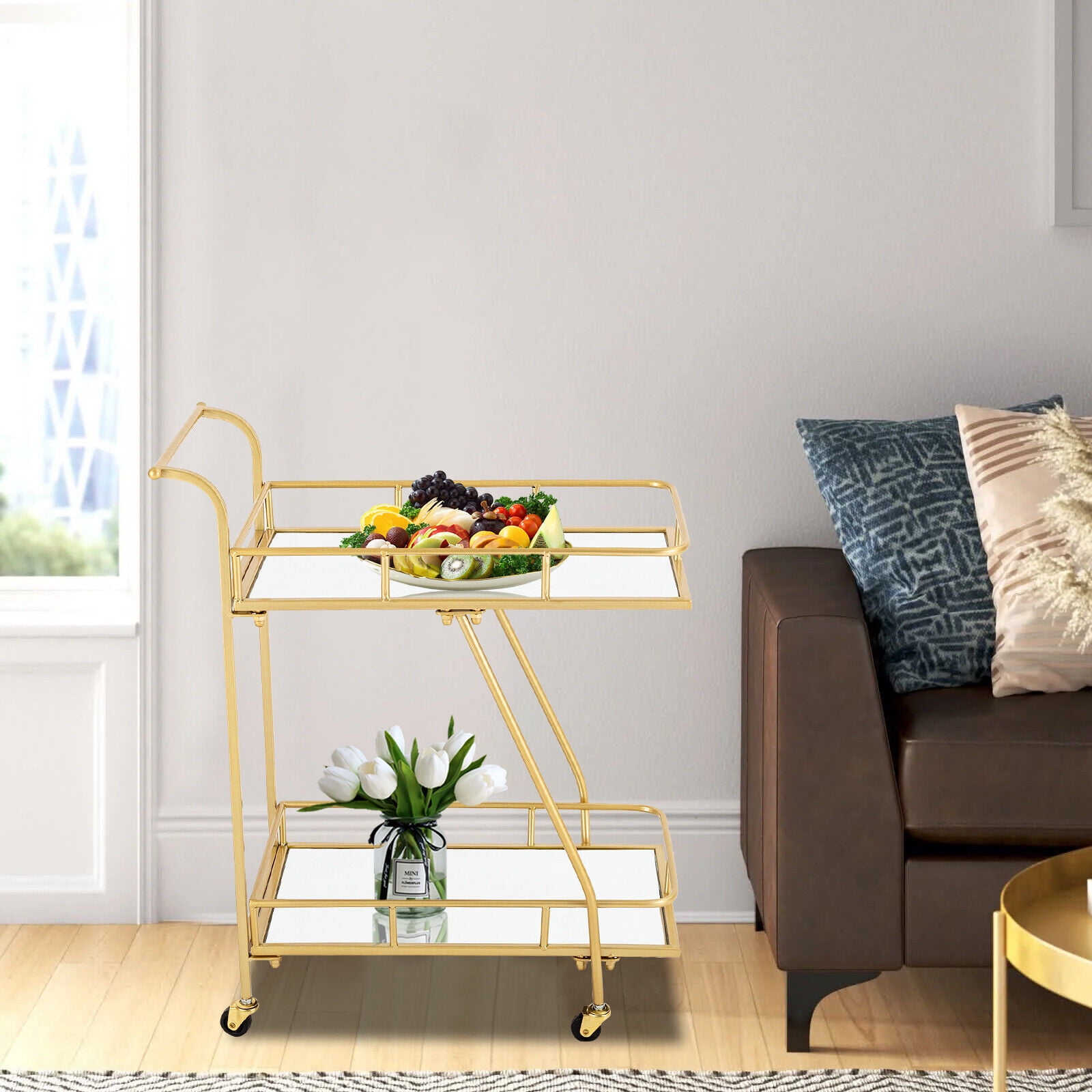 Bar Rolling Serving Cart with Wheels Wine Dolly Glass Storage Shelves ...