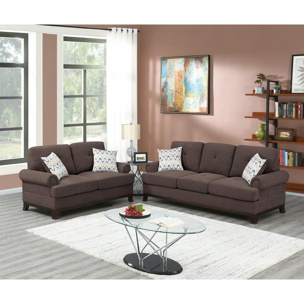 Poundex Furniture 2 Piece Chenille Sofa and Loveseat Set in Dark Coffee ...