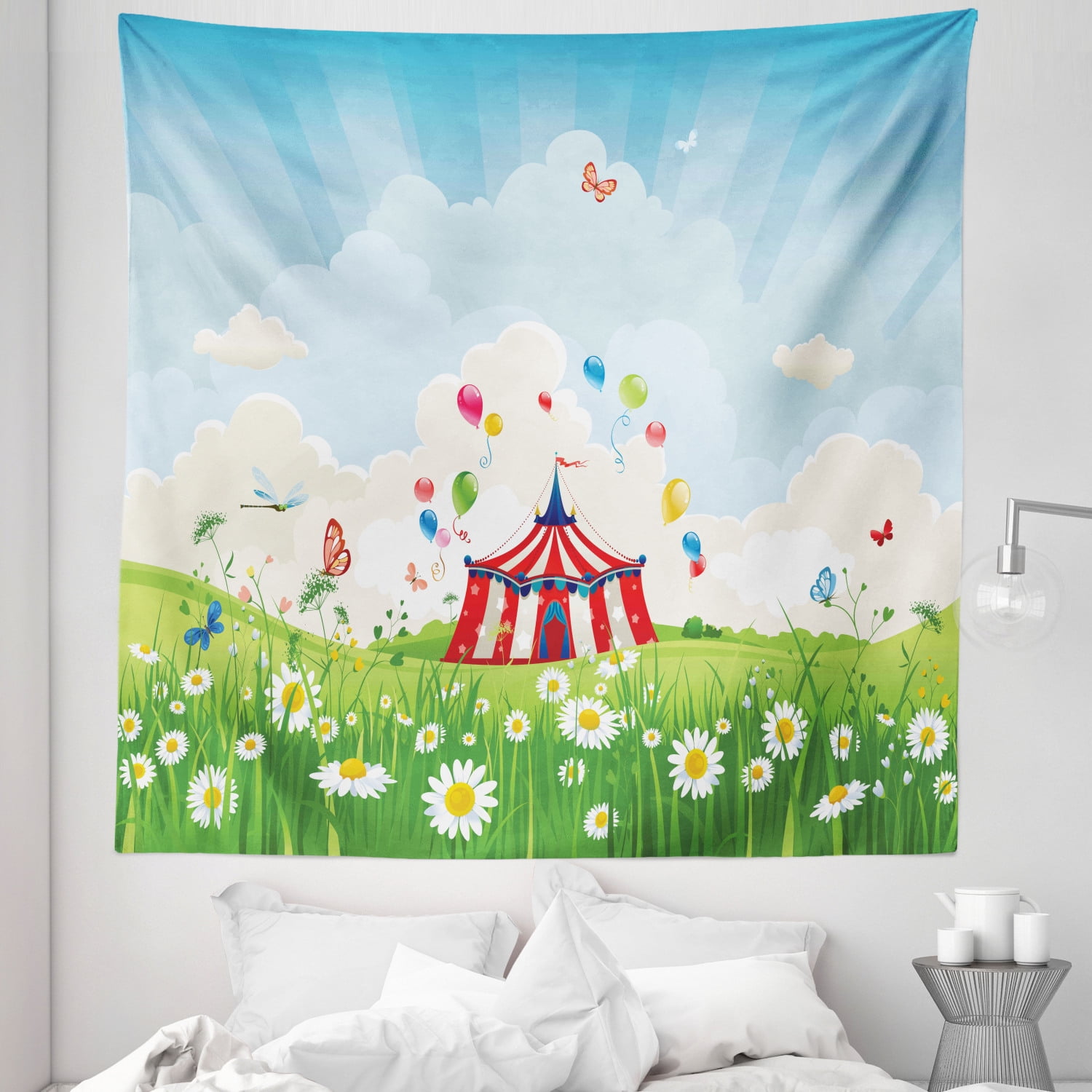 Circus Tapestry, Circus Tent on Grass Field Theme with Flying ...