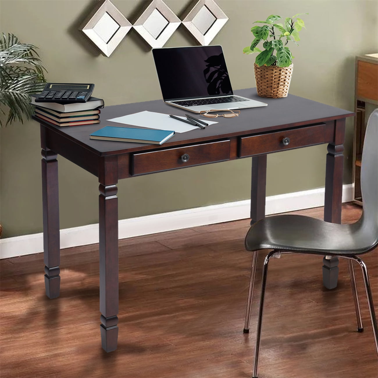 43.3" Computer Board Desk, Wood Rectangle Desk with 2 Storage Drawers ...