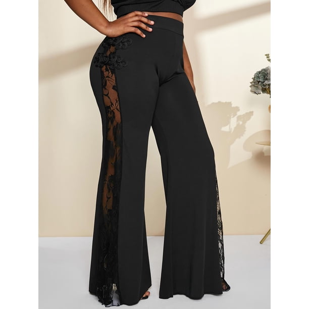 Rosegal Women's Plus Size Sheer Lace Panel Bell Bottom Pants - Walmart.com