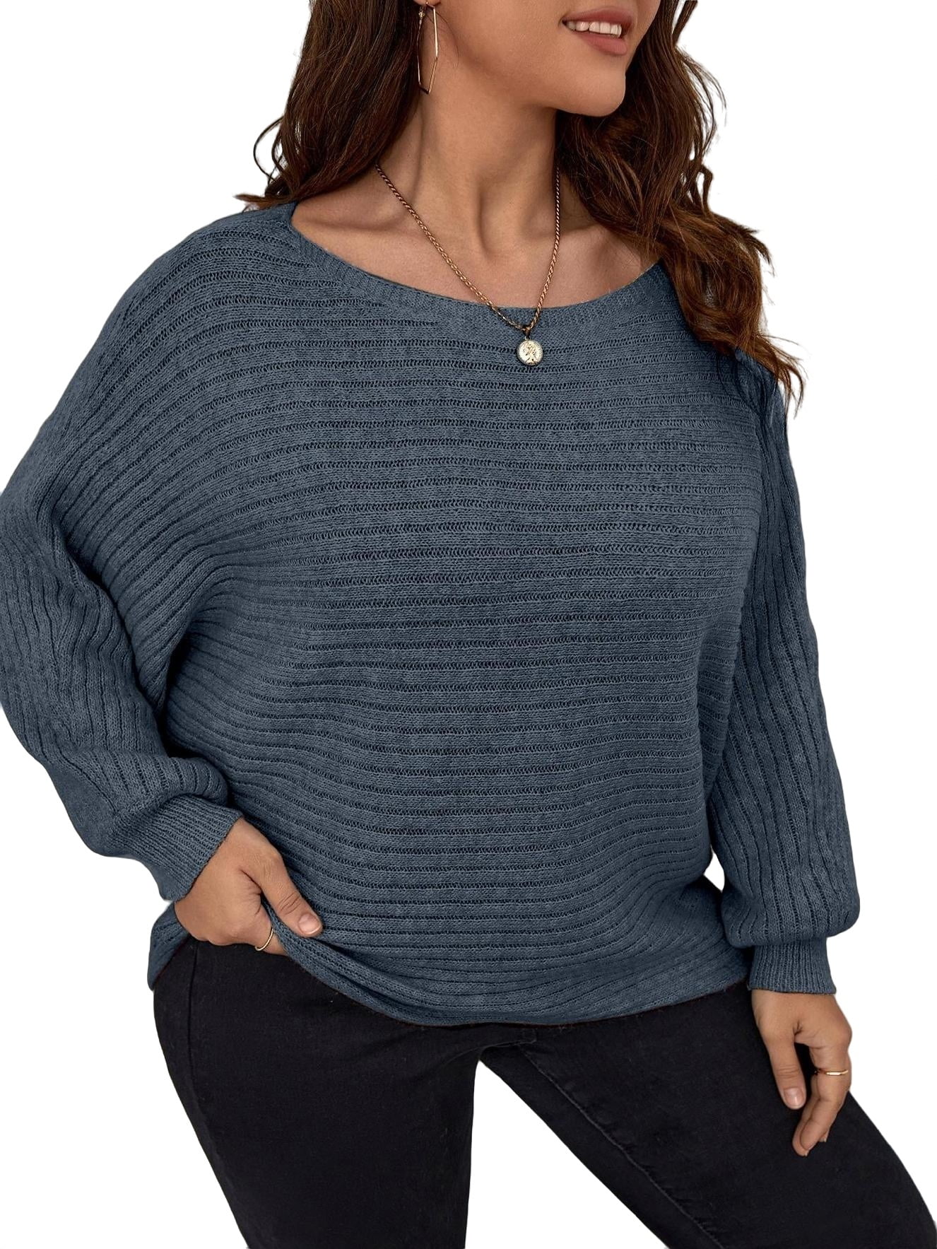 Casual Plain Boat Neck Pullovers Long Sleeve Dusty Blue Plus Size ...