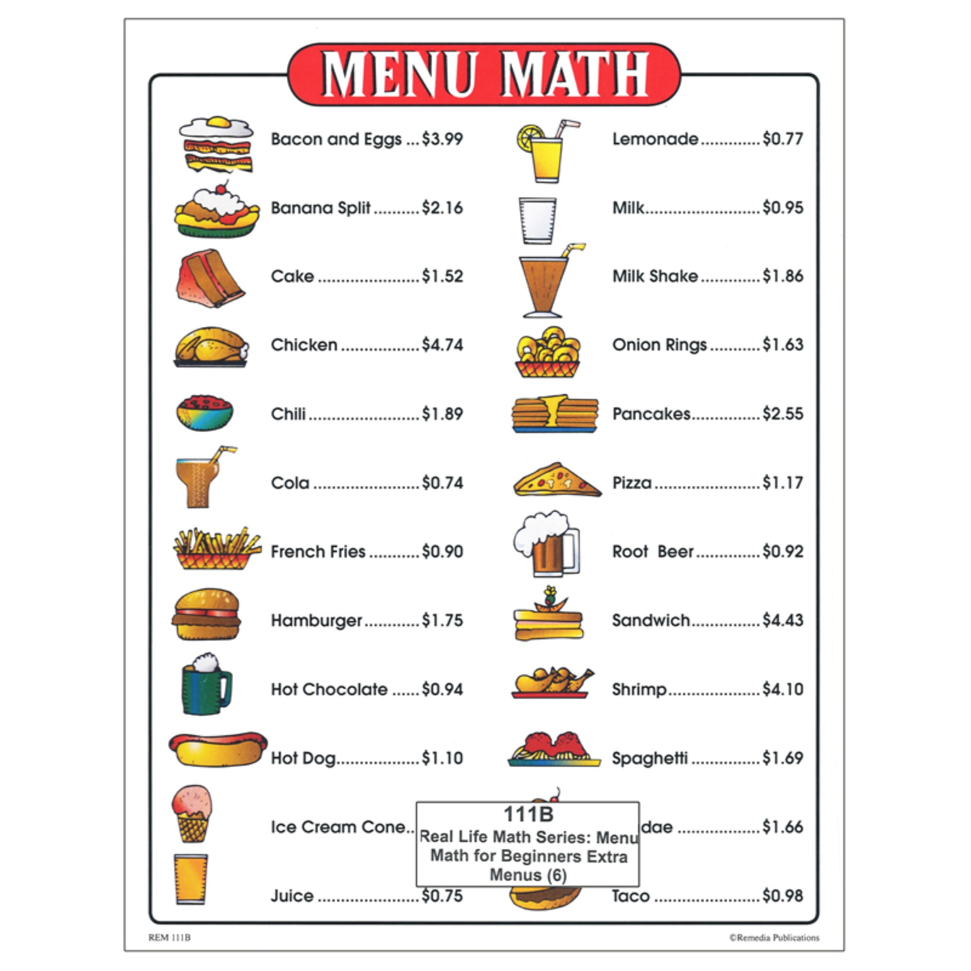Menu Math for Beginners, 6 Extra Price Lists - Walmart.com