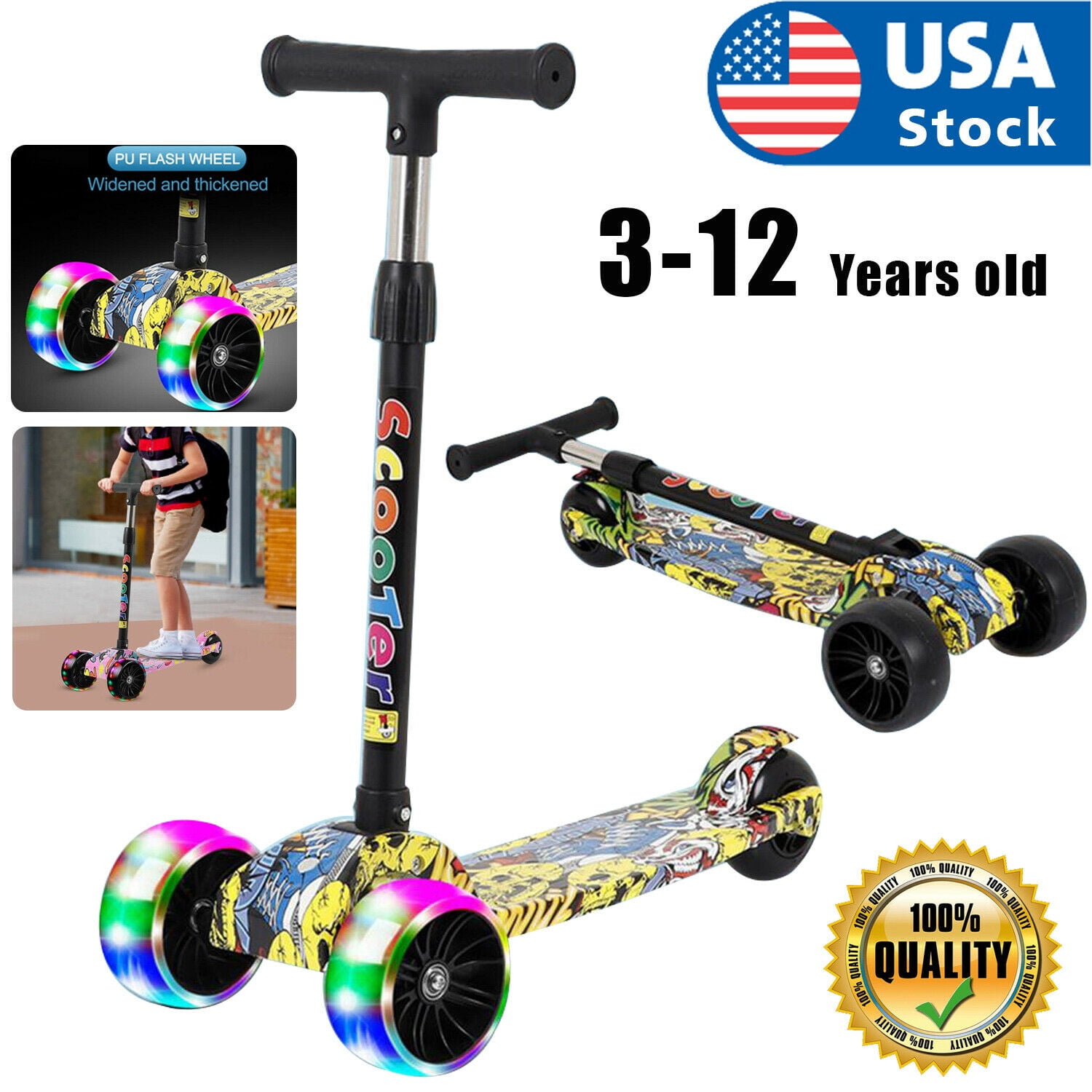 3 Wheel Adjustable LED Kick Scooter Deluxe Height T-bar Glider For ...