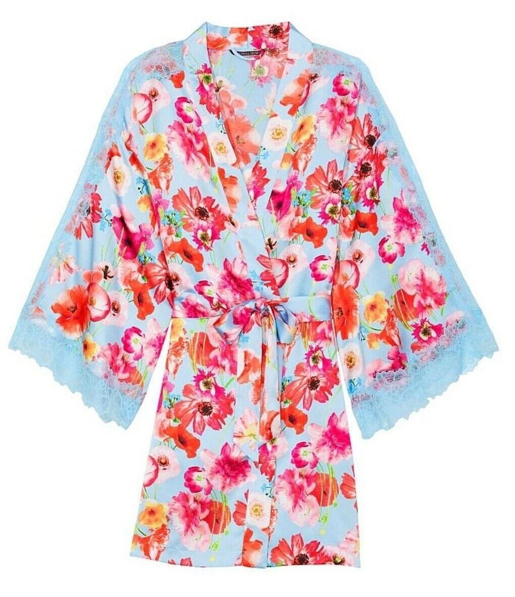 Victoria's Secret Blue Blossom Floral Satin Kimono Lace Inset Robe ...